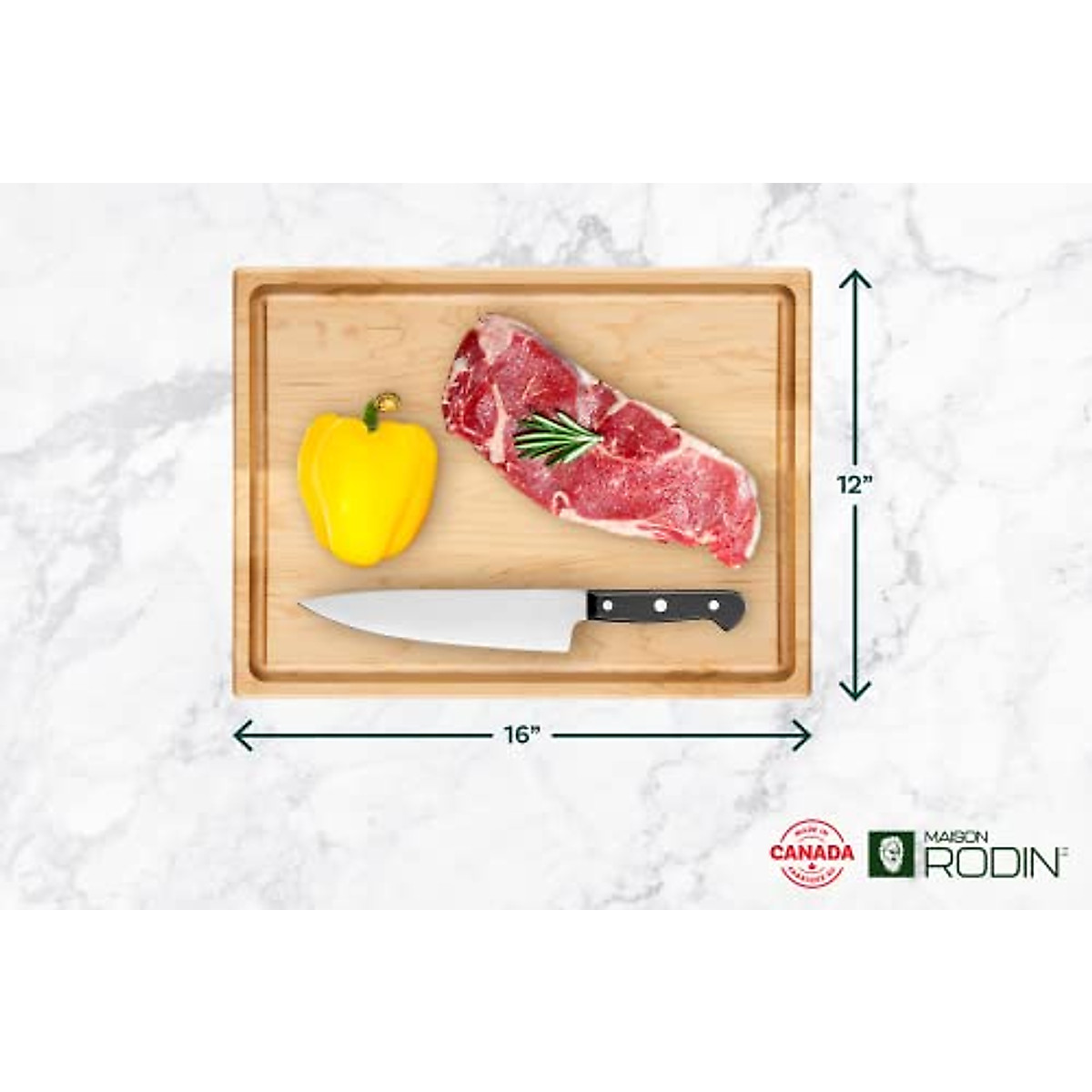 MAISON RODIN Large Wood Cutting Board 16"x12"x3/4", Canadian Maple Wood, Carving & Chopping Wooden Board with Juice Groove, Made in Canada, Charcuterie boards, Kitchen Essentials
