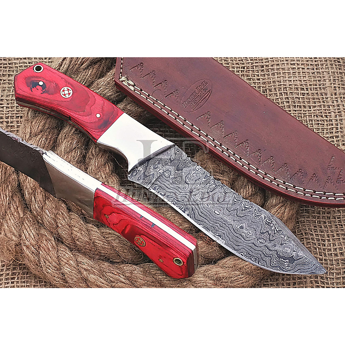 HUNTEX Handmade Hand-Forged Ladder Pattern Damascus Steel 10 Inch Long Full Tang Pakka Wood Handle Razor Sharp Hunting Camping Big Game Hunter Knife w/Genuine Leather Pouch