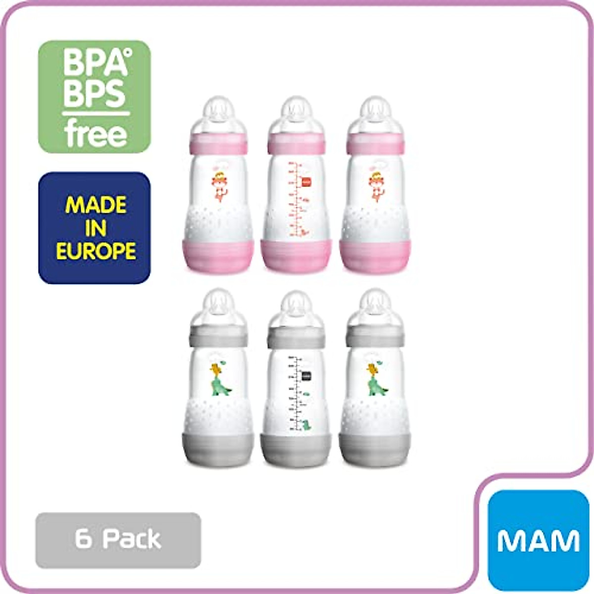 MAM Easy Start Anti-Colic Medium Flow Bottles 9 oz (6-Count), Gray and Pink