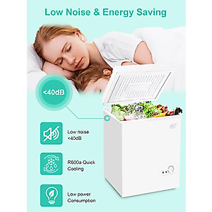 KRIB BLING Chest Freezer Adjustable Thermostat Compact Freezers with Removable Storage Basket for House Kitchen Basement 3.5 cu.ft White
