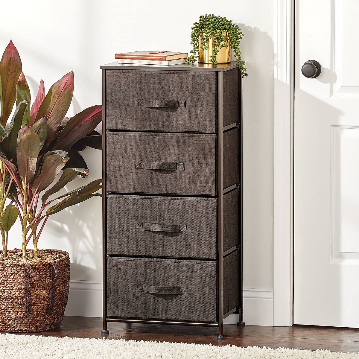 mDesign Tall Dresser Storage Tower Stand with 4 Removable Fabric Drawers - Steel Frame, Wood Top Organizer for Bedroom, Entryway, Closet - Lido Collection - Espresso Brown