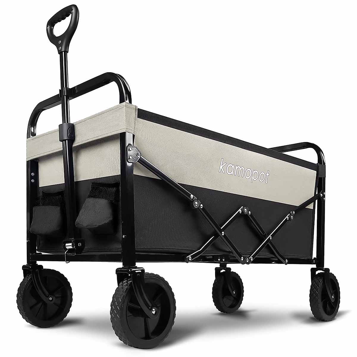 Kamopot Large Collapsible Wagon Foldable for Grocery, Beach, Park, Yard, 34 x 18 Inch Inner Storage. Folding Utility Shopping Cart on Wheels. Heavy Duty, Durable w/Cupholders (Black-Gray)