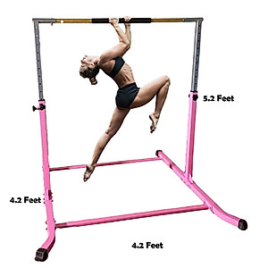 Pro-Gymnastics Expandable Gymnastics Kip Bar Horizontal Bar Junior Gymnastic Training High Bar Asymmetric Bar 13 Level Height Adjustable 3 to 5 FT Cushioned Bar & Curved Legs (Pink)