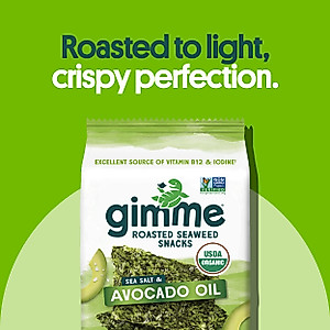Gimme Seaweed Organic Premium Roasted Seaweed Snacks, Sea Salt & Avocado Oil, 20 Count, Keto, Vegan, Gluten-Free, Great Source of Omega3s and Iodine, Healthy On-The-Go Snack for Kids and Adults