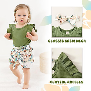 Tiny Cutey Baby Girl Clothes Infant Summer Outfits Set Ruffle Sleeve Romper and Floral Shorts with Headband (Sleeveless Green, 100)