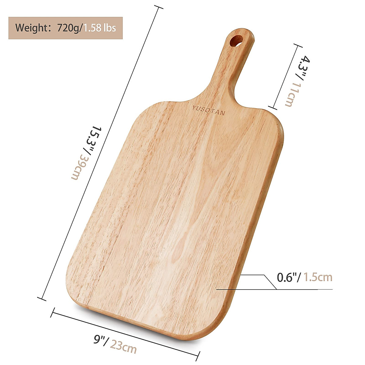 YUSOTAN Rubber Wood Cutting Board with Handle - Versatile for Meat, Cheese, Vegetables, Bread, and Charcuterie - Decorative Serving Board for Kitchen and Dining Room. Size: 13" x 8"