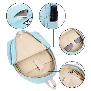 3Pcs Cute Panda Backpacks Set for Teenage Girls Boys Lightweight Casual Canvas School Backpack (Blue)