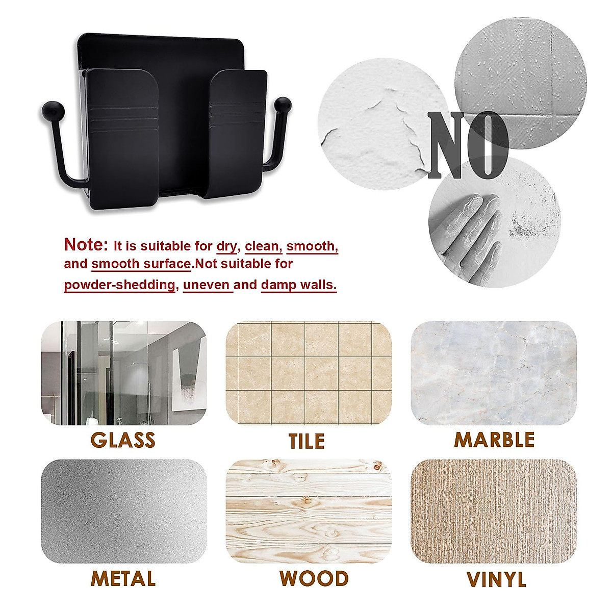 BlingKingdom Self-Adhesive Wall Mount Phone Holder with Hooks Phone Stand Charging Holder for Smartphones Cellphone Bracket Phone Holder for Wall Home Office RV for iPhone and Android (Black)