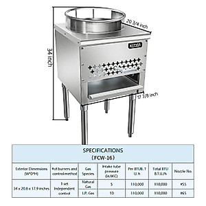 KITMA 16" Gas Wok Range - Commercial Liquid Propane Restaurant Equipment, 110,000 BTU