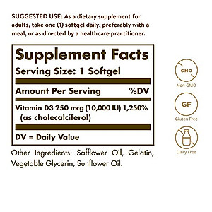 Solgar Vitamin D3 Cholecalciferol 250 MCG 10000 IU Softgels Helps Maintain Healthy Bones Teeth Immune System Support Non GMO Gluten, Dairy Free Servings, 180 Count
