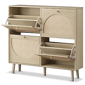 Shoe Cabinet, Modern Slim Hidden Shoe Organizer, Shoe Cabinet for Entryway,Slim Rattan Shoe Storage Cabinet,Shoe Rack Cabinet with Flip Drawers, Shoe Cabinet for Entryway W41.4 x D9.5 x H38.6