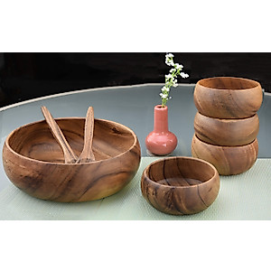 PACIFIC MERCHANTS Acacia Wood 7-Piece Round 12" x 4" Large Salad Bowl Set with Four 6" x 3" Salad Bowls and Servers