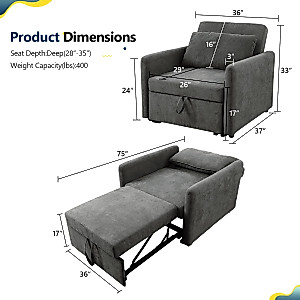 Mlxgoie Convertible Sofa Bed Chair, 3-in-1 Multi-Functional Sleeper Single Futon Chair Bed with Modern Linen Fabric & Tufted Pillow for Compact Living Room, Apartment, Dorm - Grey