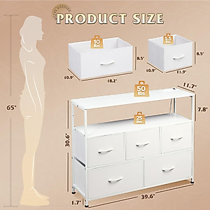 WLIVE Dresser TV Stand for 45 inch TV, White Fabric Dressers for Bedroom with 5 Drawers, Entertainment Center with Open Shelf and Power Outlet, TV Stands for Living Room, Closet