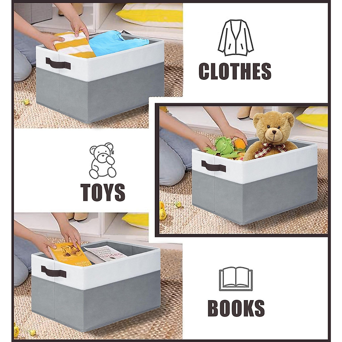 Large Storage Baskets and Drawer Organizer Set - 2 Fabric Shelf Baskets 14"x10"x9.5" & 6 Foldable Closet Divider Bins, Dark Grey - Collapsible Bins for Clothes, Toys, Nursery, Underwear