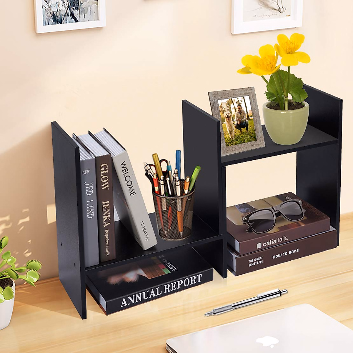 Hossejoy Desktop Organizer Office Storage Rack Adjustable Wood Desk Organizer Display Shelf, Countertop Bookcase Desktop Bookshelf- Free Style Double H Display, Black