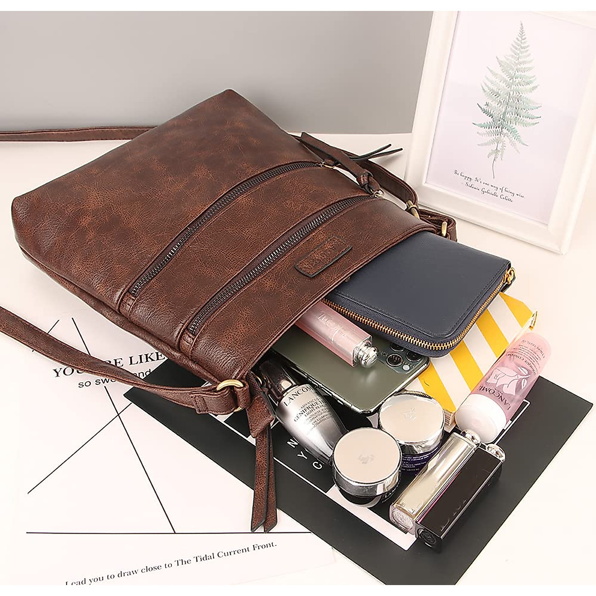 KADIROSA Crossbody Purse for Women, Soft Leather Women's Shoulder Handbags, Medium Size Zipper Pocket Adjustable Strap