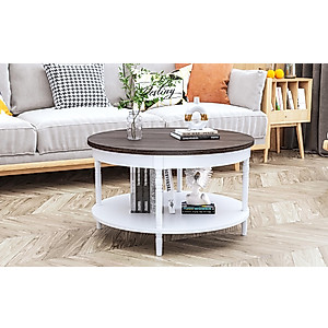 CHEEMHOM Round Coffee Table -33" Solid Wood Farmhouse Table for Living Room, 2-Tier Rustic Circle Desktop with Storage Shelf Modern Design Home Furniture Brown & White