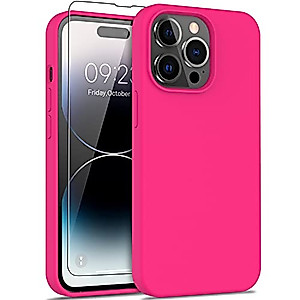DEENAKIN Compatible with iPhone 14 Pro Max Case with Screen Protector,Soft Flexible Silicone Rubber Cover for Women Girls,Slim Fit Shockproof Protective Phone Case 6.7" Hot Pink
