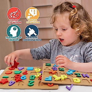 Puzzles for Toddlers, 2 Pack Wooden ABC Alphabet Number Shape Puzzles Toddler Learning Puzzles Toys Ages 1-3, Preschool Educational Toys Gift for Kids Boys Girls 2-4 Years Old