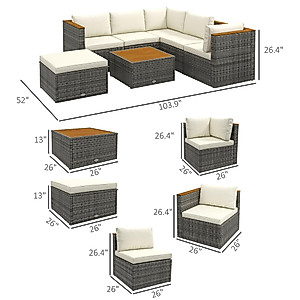 Outsunny Patio Wicker Furniture Set with Cushion, 7 Pieces Outdoor PE Rattan Sectional Sofa with Adjustable Backrest Seat Panel, Acacia Wood Accents, Metal Frame, White