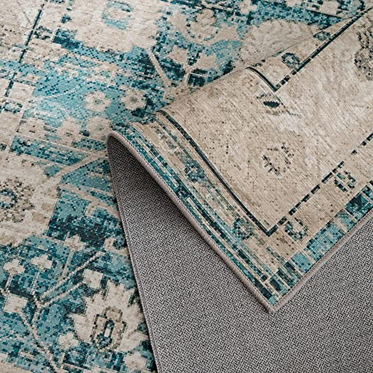 Syalife Washable Rug Vintage Area Rugs, 5'x 7' Living Room Rug with Non Slip Backing, Ultra-Thin Medallion Distressed Non-Shedding Rug, Vintage Floor Mat Indoor Rug USI001-57FG04GR