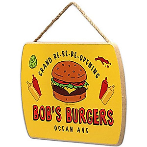 Open Road Brands Bob's Burgers Grand Re-Re-Reopening Hanging Wood Wall Decor - Funny Bob's Burgers Sign for Bedroom or Movie Room