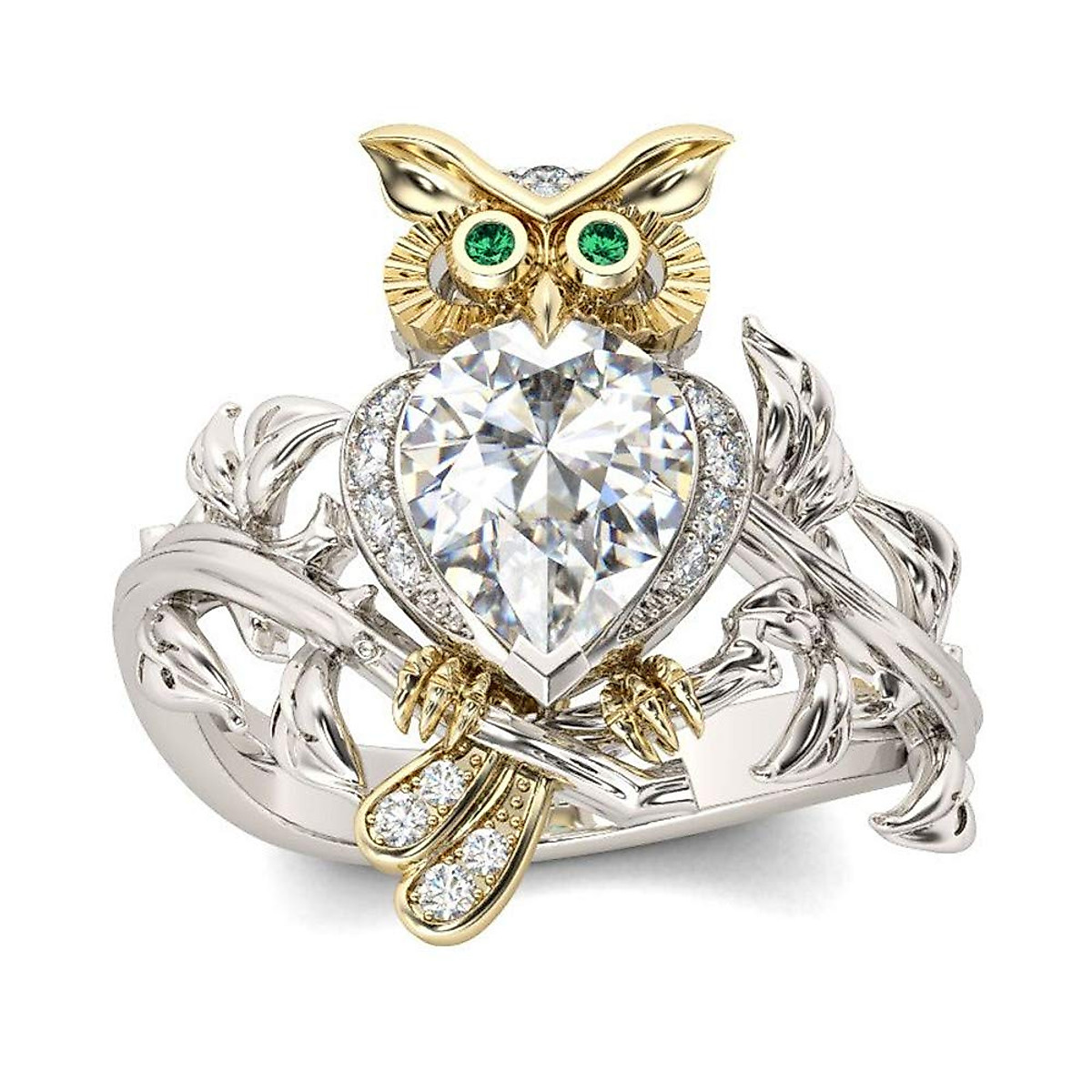 Jeulia 3 Carat Owl Rings Women Two Tone Pear Cut Cubic Zirconia Engagement Ring 925 Sterling Silver Wedding Rings CZ Solitaire Rings Anniversary Promise Romantic Gift (7)