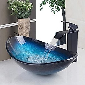 OUBONI Bathroom Vessel Sink,Black&Blue Vessel Sink,Oval Glass Vessel Sink with Waterfall Faucet and Pop-Up Drain,Boat Shape Bathroom Sink Above Counter,Tempered Glass Sink