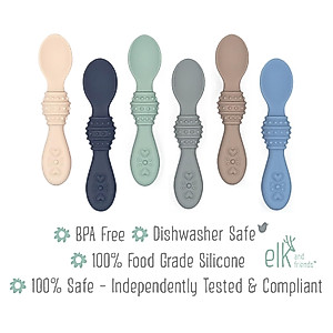 Elk and Friends Silicone Baby Spoons | Travel Case Included | First Stage Infant Toddler Spoon | Baby Led Weaning Stage | Dishwasher Safe