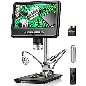 2K LCD Digital Microscope 1200X, Dcorn 7" 24MP HDMI Microscope, Soldering Coin Microscope with Lights, Extension Tube & 32GB Card Included, Coin Magnifier with Light