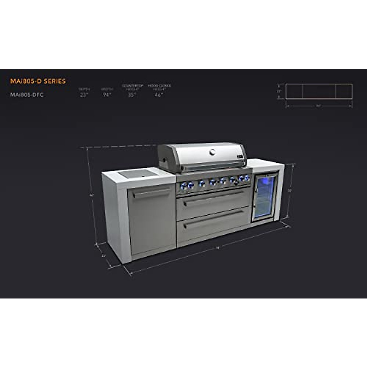 Mont Alpi MAi805-DFC 44-inch 6-Burner 115000 BTU Deluxe Stainless Steel Island Outdoor Kitchen Gas Barbecue Grill+ Fridge Cabinet + Granite Countertops and Sides + Infrared Side Burner