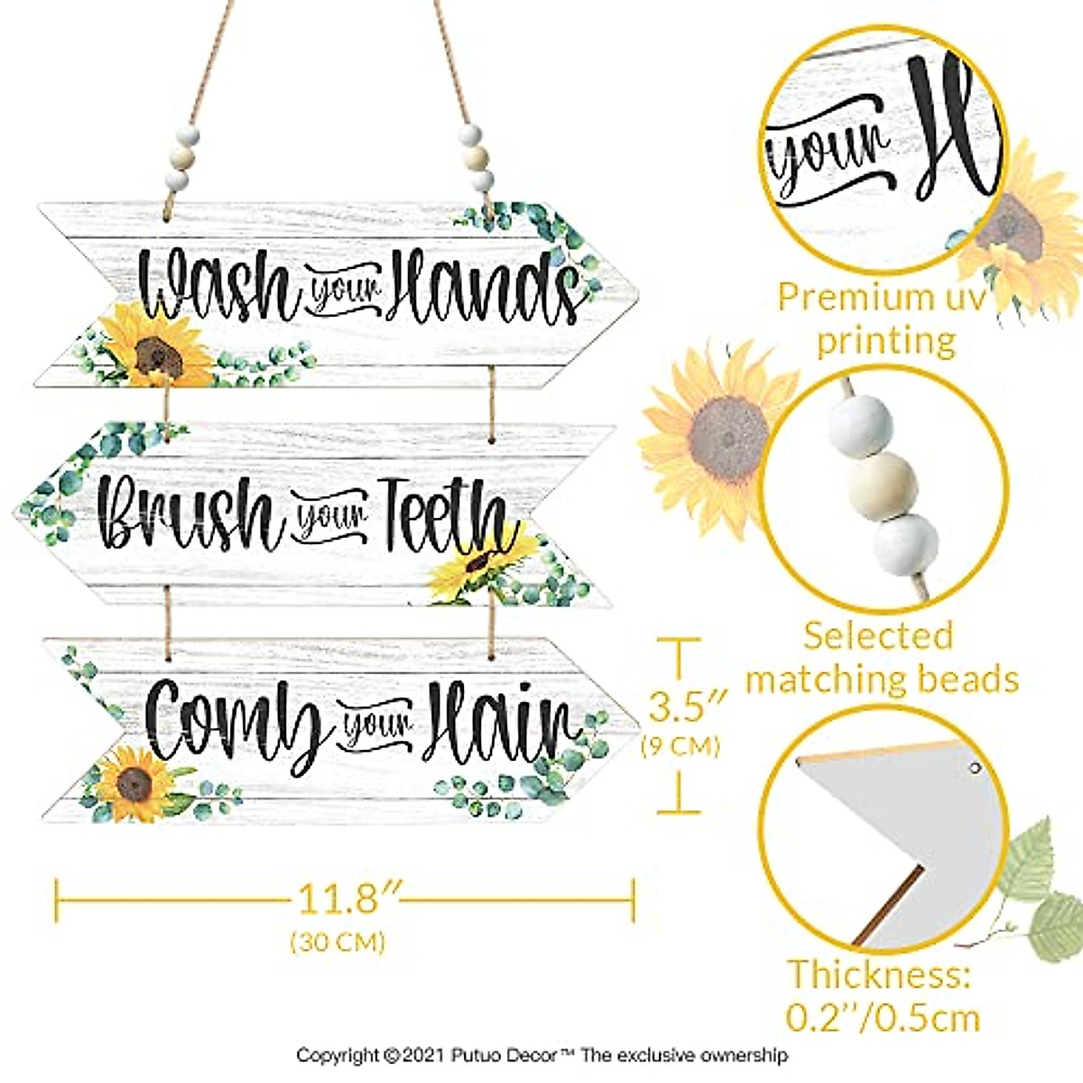 Putuo Decor Sunflower Bathroom Sign, Rustic Farmhouse Wash Brush Wall Decor for Home, Laundry, 3 Pieces 11.8x3.5 Inches Arrow Hanging Plaque