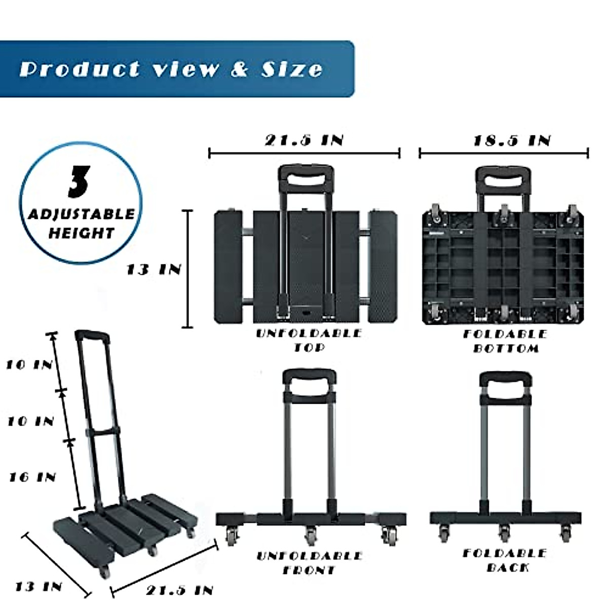 Antetek Folding Hand Truck, 500 lbs Capacity Heavy Duty Luggage Cart, Foldable Hand Cart with 6 Wheels & 2 Ropes, Compact Utility Dolly Platform Cart for Luggage, Personal, Travel, Moving, Office