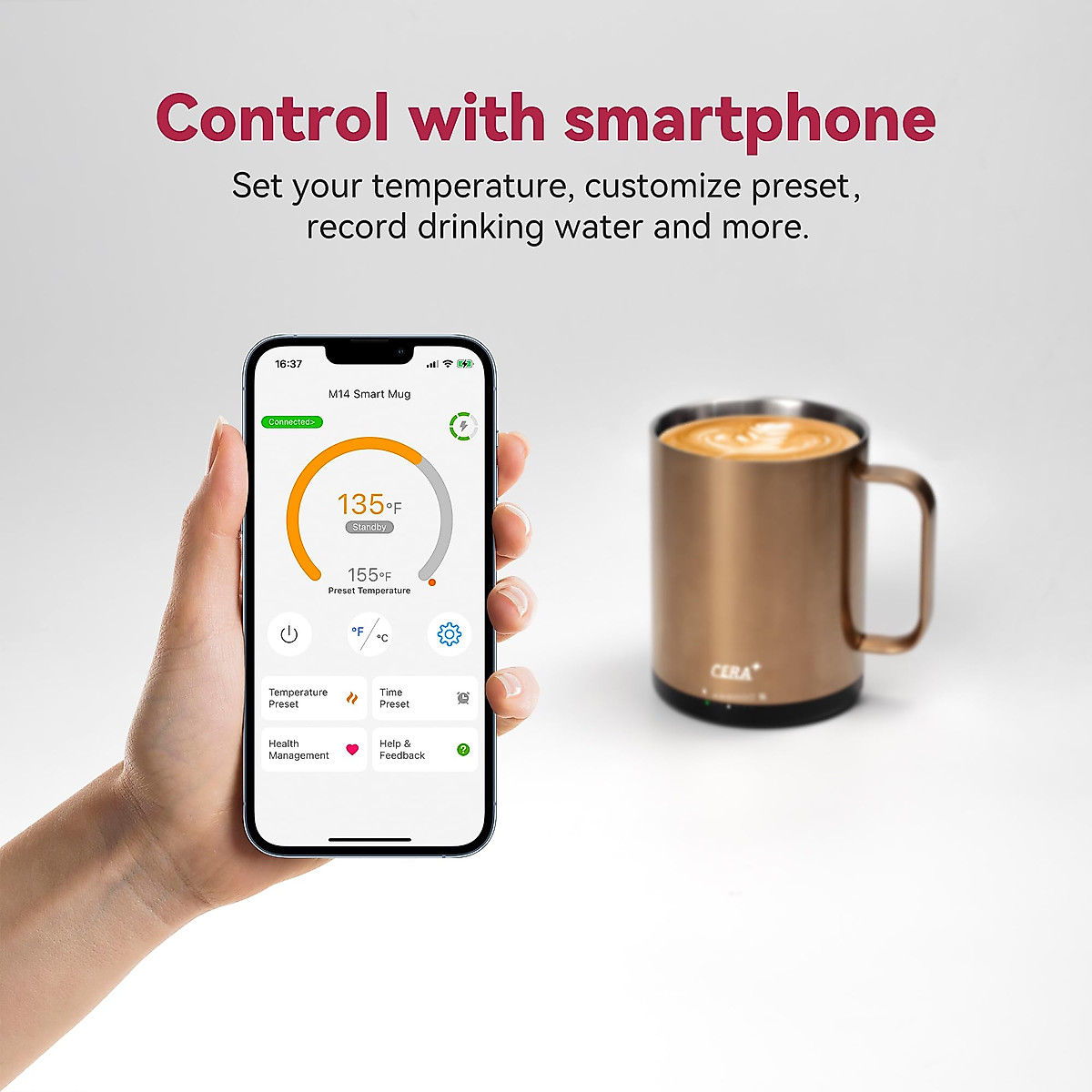 CERA+ Temperature Controlled Smart Mug 2, Self-Heating Coffee Mug with Lid, 90 Minutes Battery Life, APP or Manual Control, Gift-Packing(Brown - 14 oz)