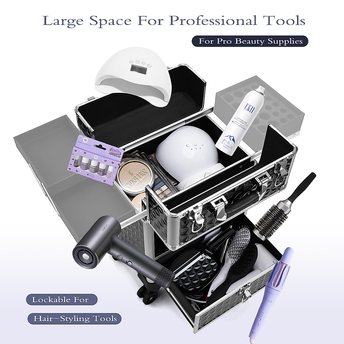 Costravio Rolling Makeup Train Case, Large Storage Professional Cosmetic Trolley Makeup Travel Case with Drawer Key Swivel Wheels Beauty Barber Tattoo Case Trunk for Makeup Nail Tech, Black