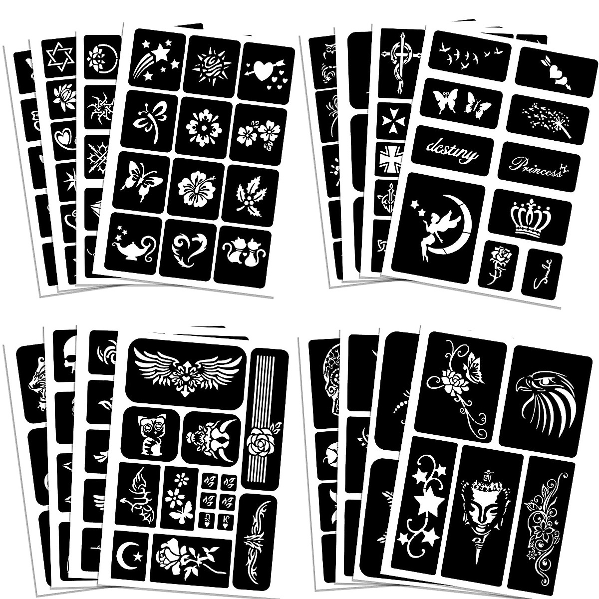 Qpout Tattoo Stencils For Kids Adults, 16 Sheets Henna Tattoo Stencil Kit, Small and Big Tattoo Stencils Designs, Tattoo Stencils for Real Tattoos, Skeleton Spider Owl Flower Butterfly Tribal Totem