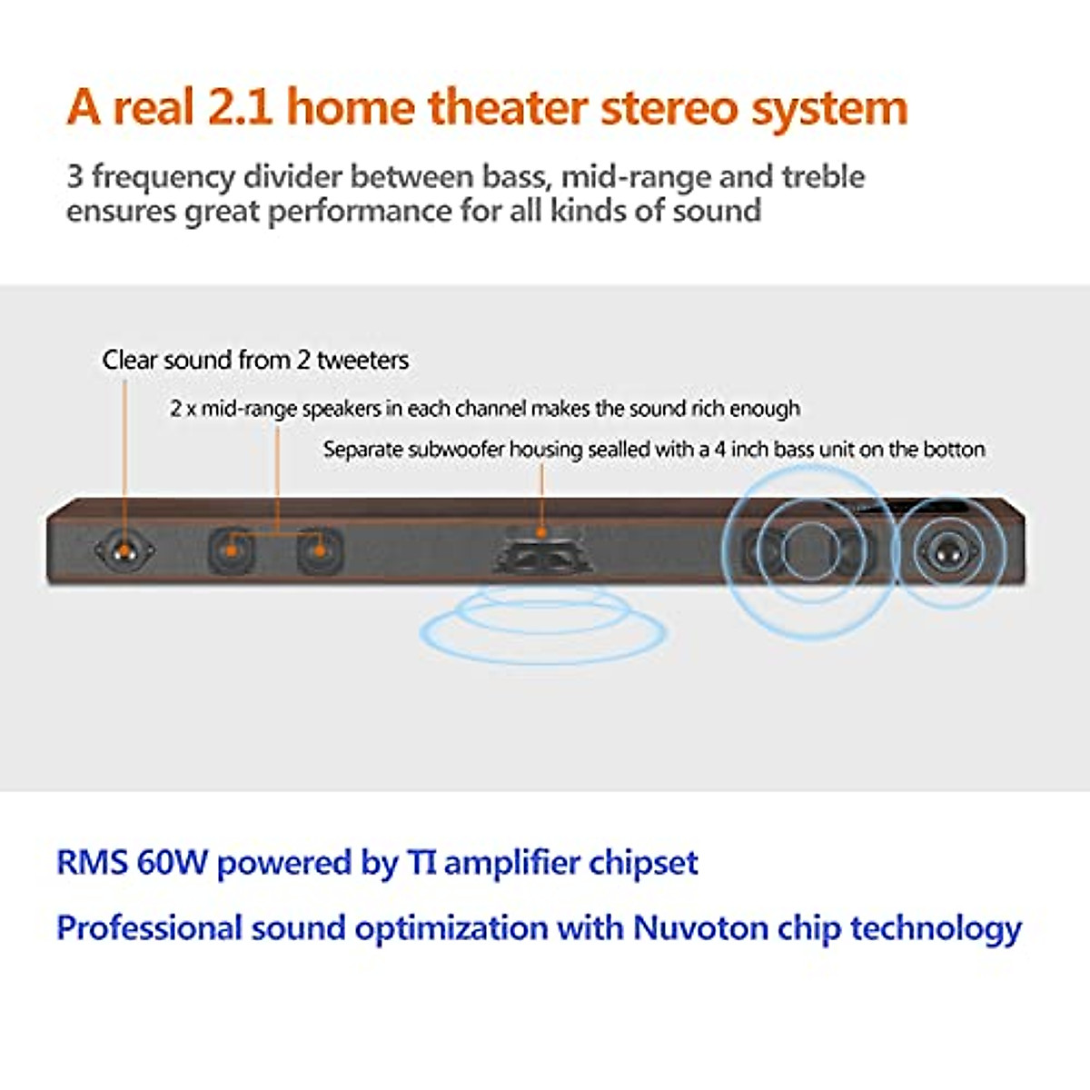 KEiiD Sound Bar for TV 2.1 CH Wooden Soundbar with Built-in Subwoofer, Bluetooth HDMI(ARC)/ Optical/Coaxial/RCA Connection, 4 EQ Modes Optional for Home Theater TV Speakers