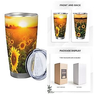 Sunflower Field Sunset Tumbler with Lid and Straw 20oz Stainless Steel Car Cup for Hot and Cold Drinks, Double Wall Insulated Travel Coffee Mug Reusable Drink Thermos Cup Birthday Gifts
