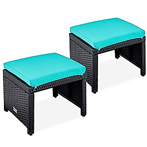 Best Choice Products Set of 2 Wicker Ottomans, Multipurpose Outdoor Furniture for Patio, Backyard, Additional Seating, Footrest, Side Table w/Removable Cushions, Steel Frame - Black/Teal