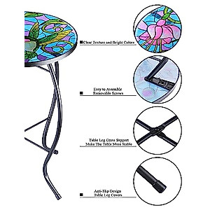 VCUTEKA Mosaic Patio Side Table Outdoor Accent Table Bistro Coffee Table Plant End Table Small Porch Table Indoor Round Glass Balcony Hummingbird Plant Table Stands