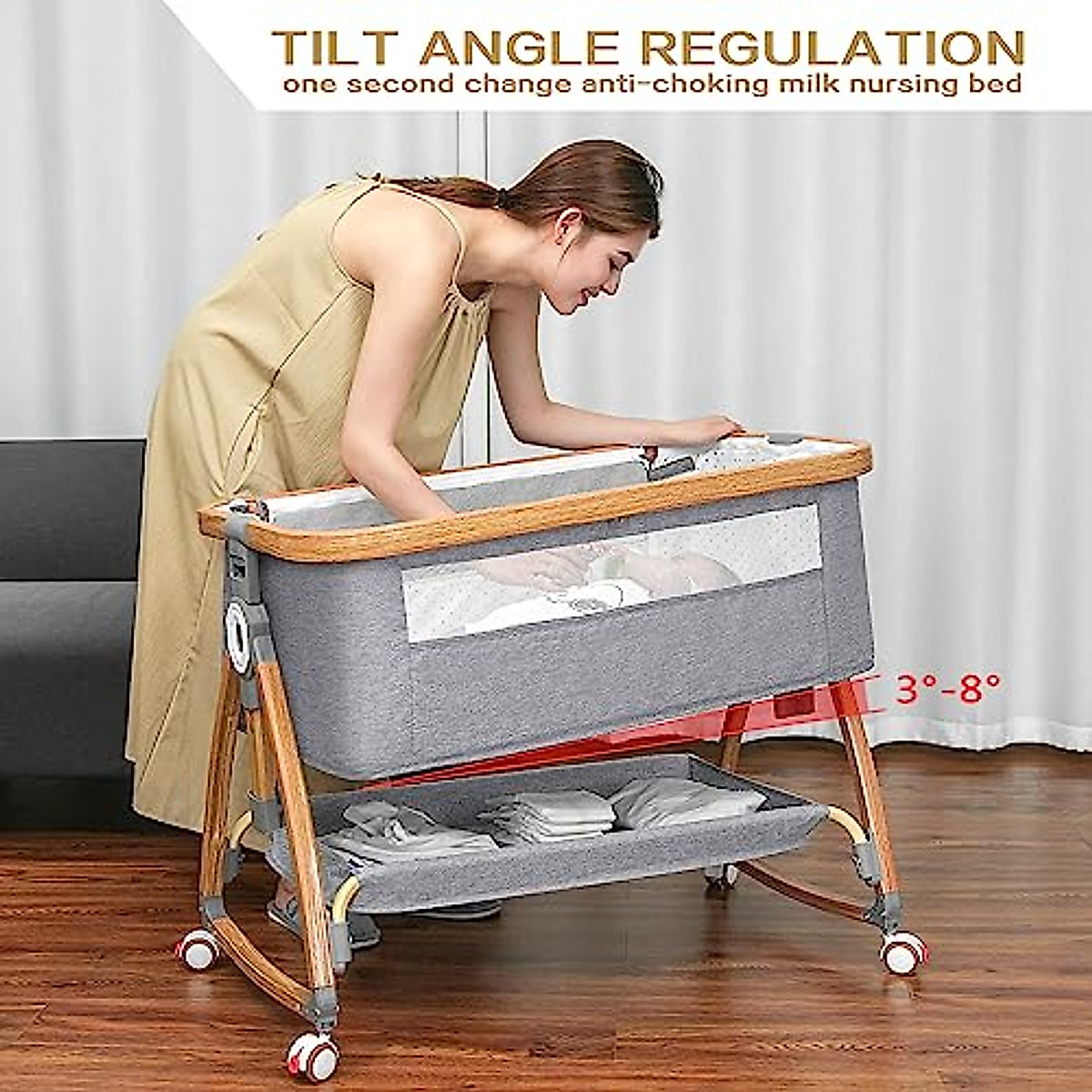 Mereryi Baby Bassinets Bedside Sleeper for Baby,Bassinet Bedside Sleeper with Wheels,Storage Basket,Mosquito Nets,Easy to Assemble Bassinet for Newborn/Infant,Adjustable Bedside Crib,Portable Baby Bed