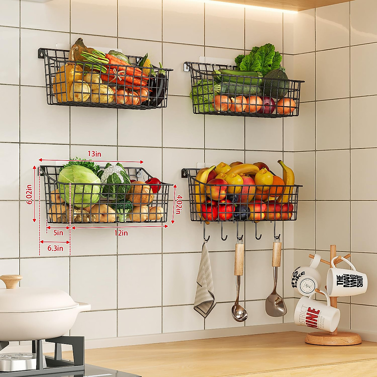 4 Pack Hanging Wall Basket for Organizing, Large Wire Baskets for Storage Pantry with 5 S Hooks+4 Strong Adhesive Wall Hooks, Wall Mounted Metal Wire Storage Baskets Shelf for Cabinet Kitchen Bathroom