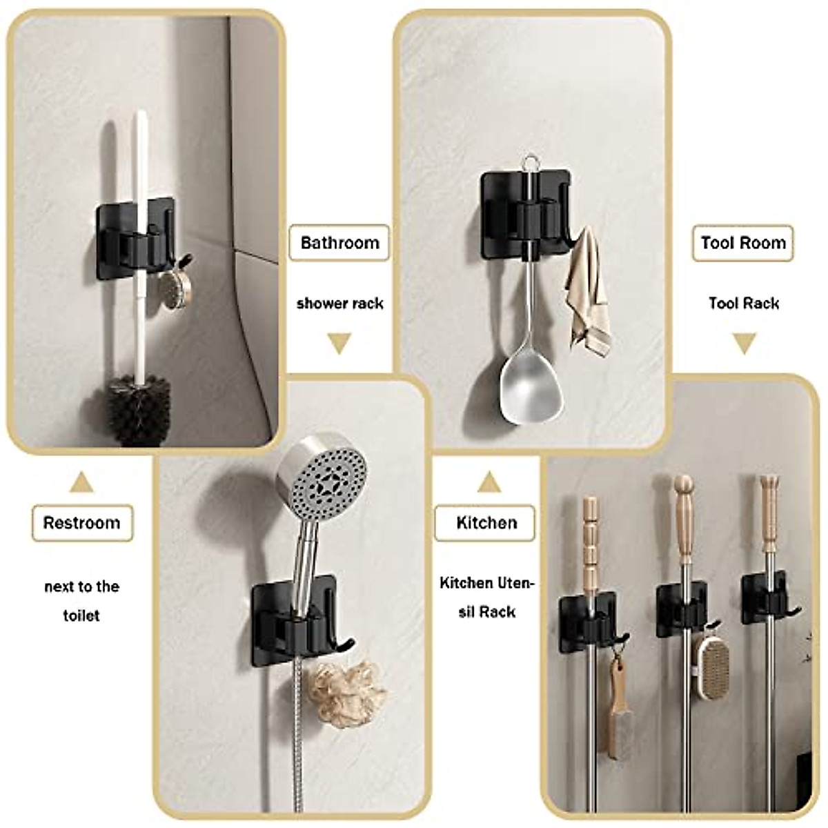 CELBERENA 5 Pack Mop Broom Holder No Drill SUS304 Stainless Steel, Self Adhesive Mop Broom Organizer Wall Mounted Heavy Duty with Hooks Storage Hanger for Bathroom, Kitchen, Office, Black