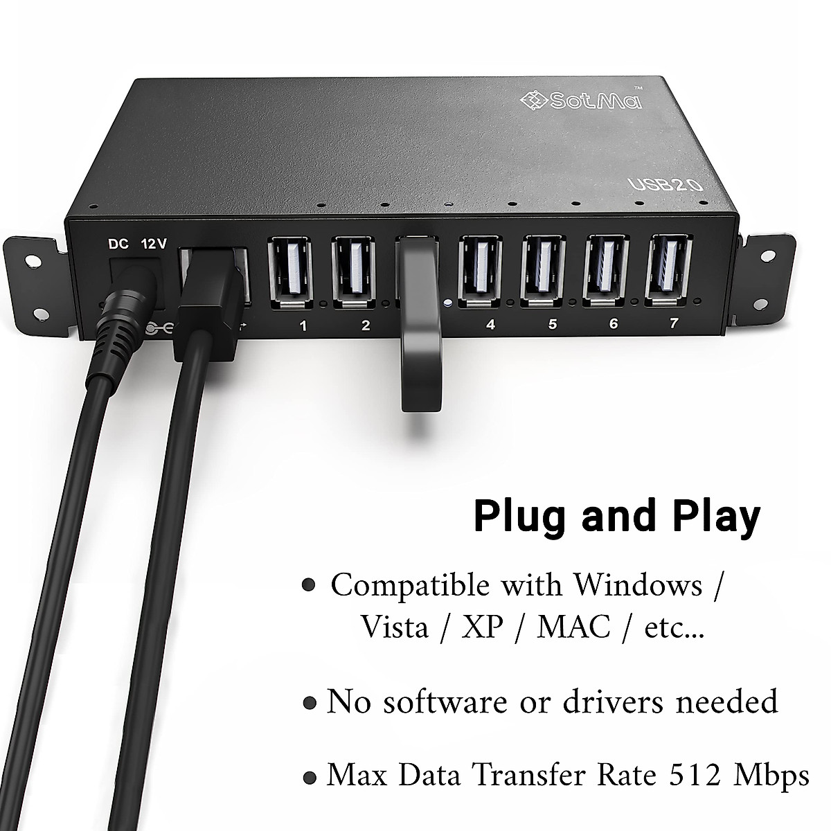 SotMa - USB 2.0 Hub - 7 Port Powered USB Hub Splitter - USB Port Expander with 12V 3A Power Adapter, LEDs and Mounting Bracket - Black