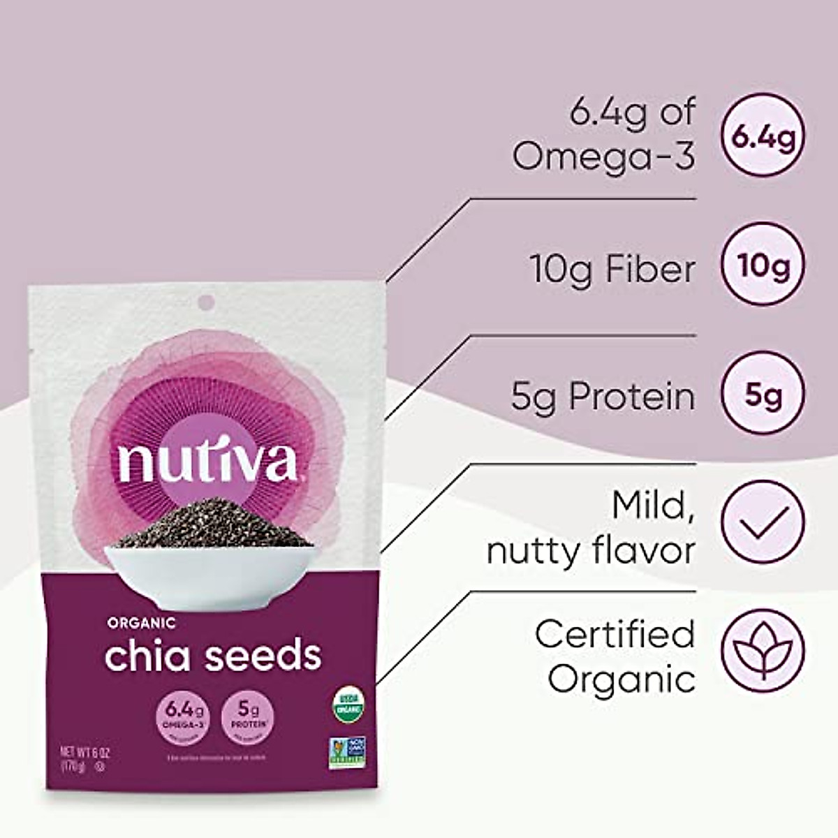 Nutiva Organic Premium Raw Black Chia Seeds, 6 Oz, USDA Organic, Non-GMO, Whole 30 Approved, Vegan, Gluten-Free & Keto, Nutrient-Dense Seeds with 3g Protein & 5g Fiber for Salads, Yogurt & Smoothies