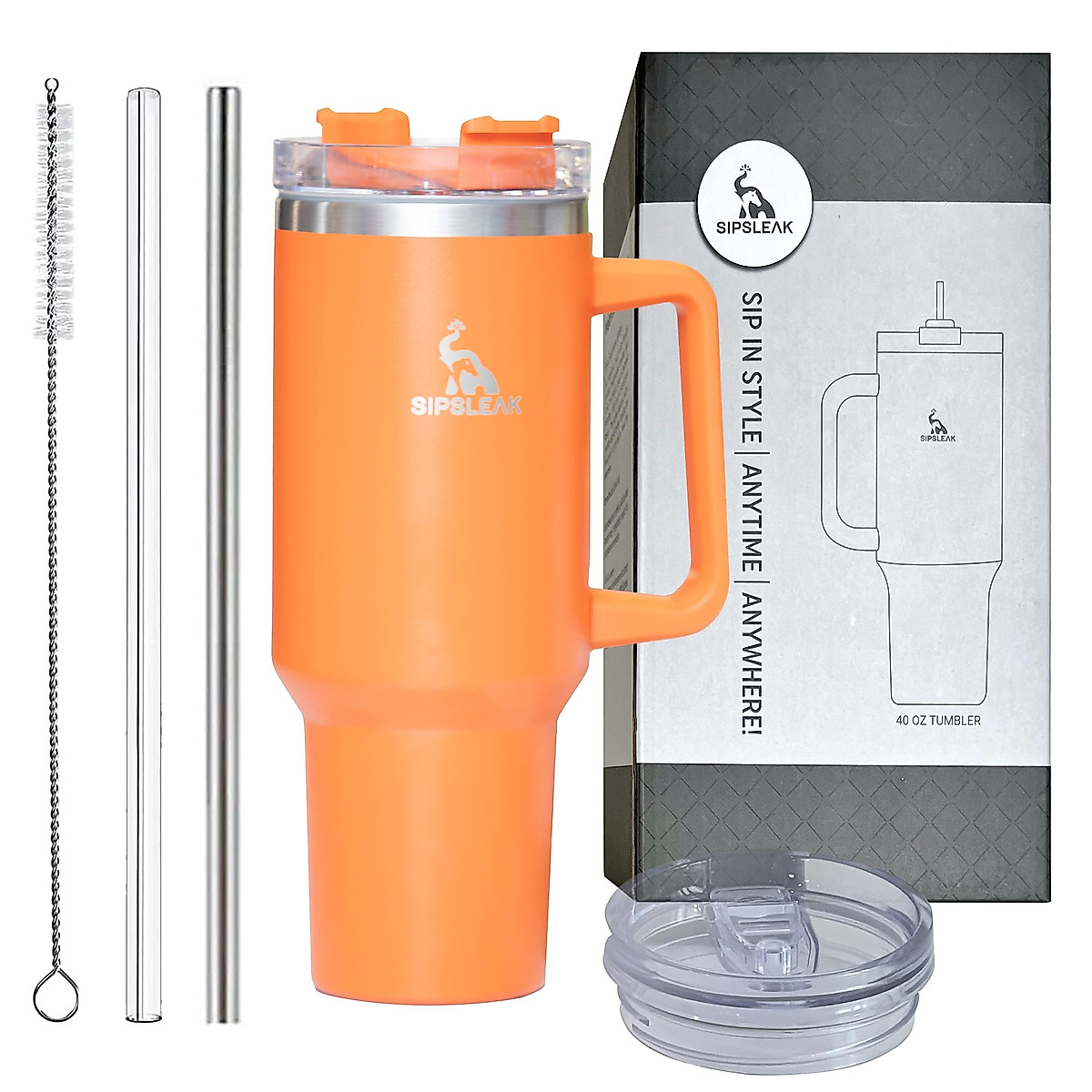 Du&Kha SIPSLEAK 40 Oz Tumbler with Handle and Straw – Stainless Steel Insulated Tumblers with 2 Lids, 2 Straws, Straw Brush – Portable and Reusable Coffee Tumbler Travel Coffee Mug Keeps Hot and Cold