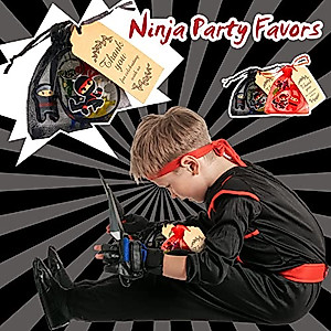 84 Pcs Ninja Party Favors Include 12 Stretchy Flying Ninjas, 24 Mini Ninja Figurines, 12 Ninja Silicone Wristbands, 12 Ninja Keychains, 12 Red and Black Organza Bags and 12 Gift Tags for Birthday