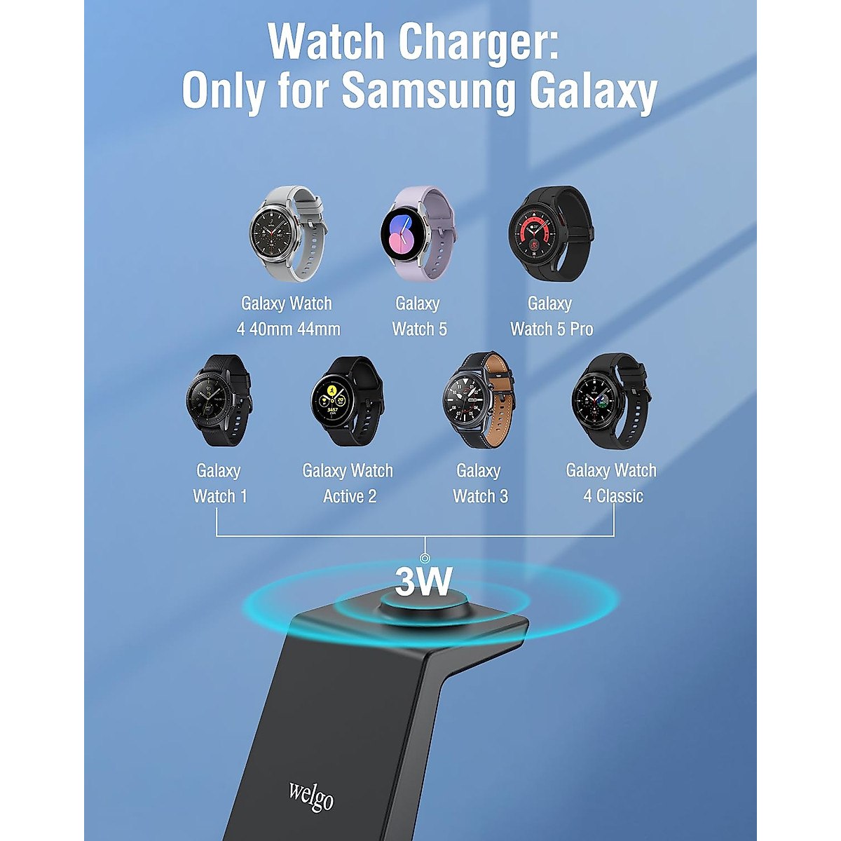 Welgo Wireless Charger for Samsung with Alarm Clock, 4 in 1 Charging Station for Samsung S23 Ultra/S22/Note 10/Z Fold4/Z Flip4/iPhone, for Galaxy Watch 5 Pro/4/3 & Samsung Galaxy Buds