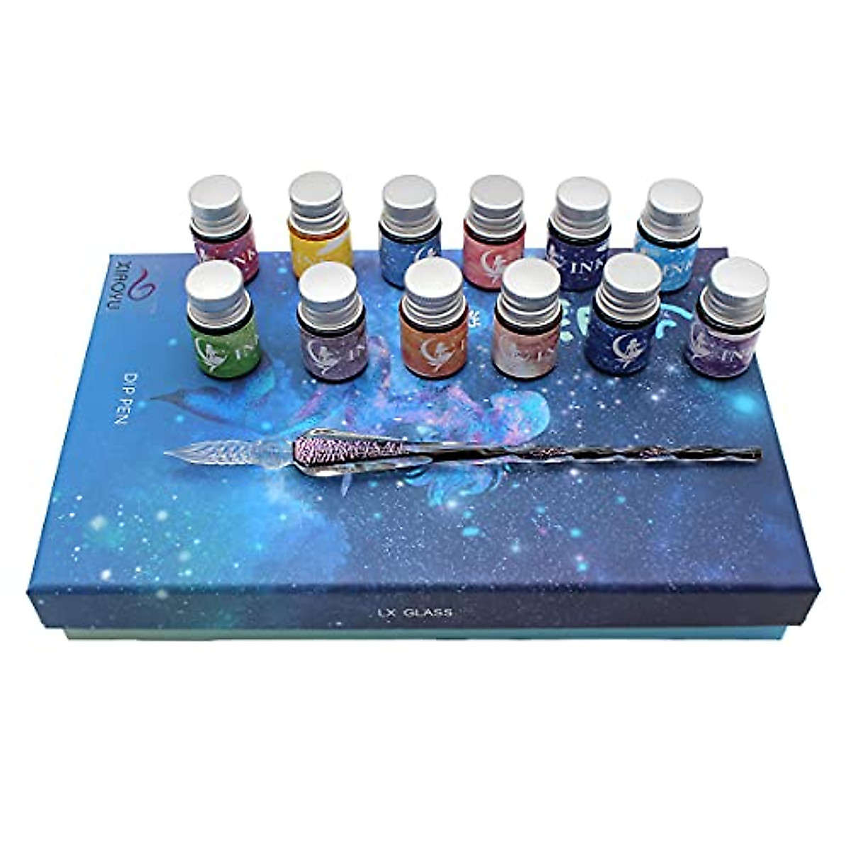 XIAOYU Mermaid Story Glass Pen, Mermaid Story Glass Dip Pen Ink Set, Mermaid Story Calligraphy Dip Pens, Starry Sky Crystal Calligraphy Pen and Ink Set with 12 Colorful Inks, Purple